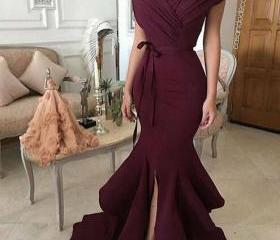 Burgundy Off The Shoulder Long Prom Dress,pretty Sleeveless Mermaid ...