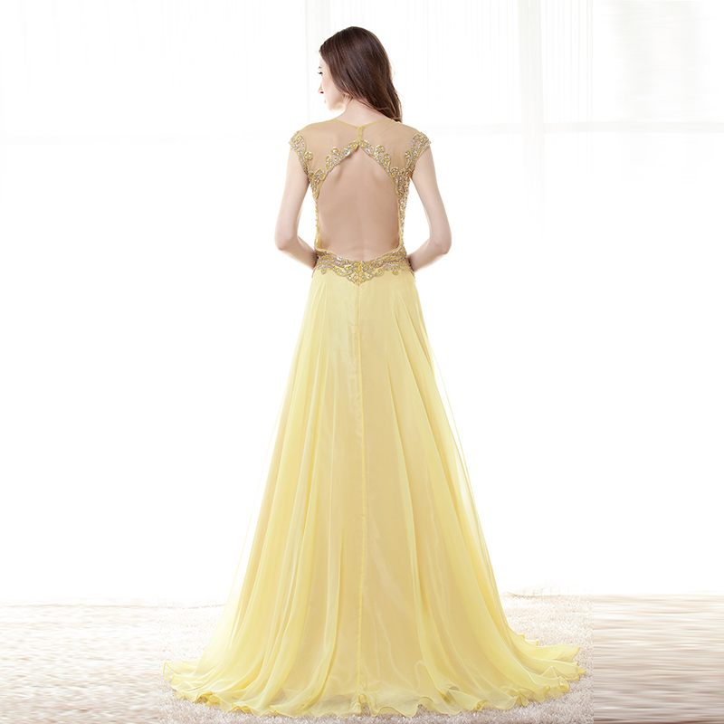 Yellow Deep V Neck Prom Dresses Beaded Chiffon Evening Dress Formal ...