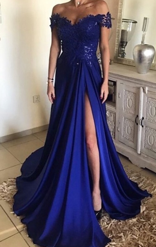 Off The Shoulder Prom Dress, Lace Split Prom Dress, Royal Blue Formal Evening Gowns,party Dress ...
