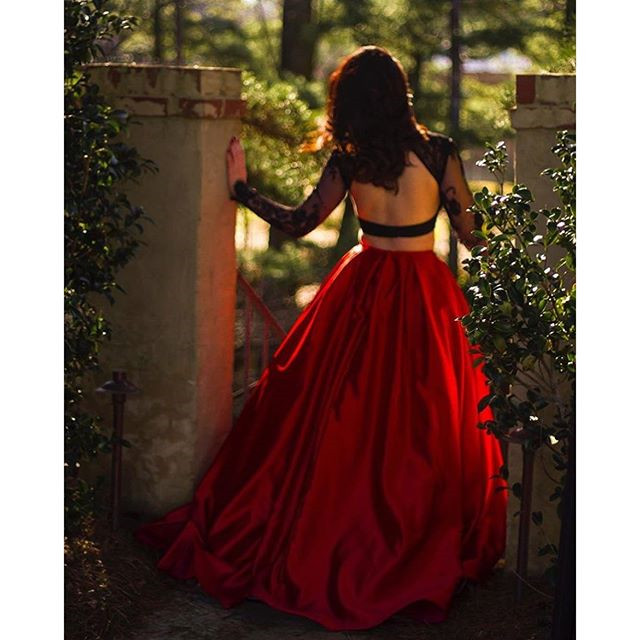 Two Pirece Lace A-line Satin Prom Dress,long Sleeves Evening Dresses ...