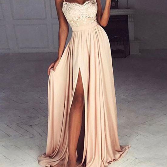 Champagne Lace Sweetheart Split A-line Satin Prom Dress,Formal Evening ...