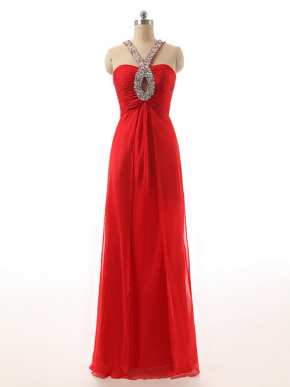 Red Halter Keyhole Beaded Ruched A-line Floor-length Prom Dress ...