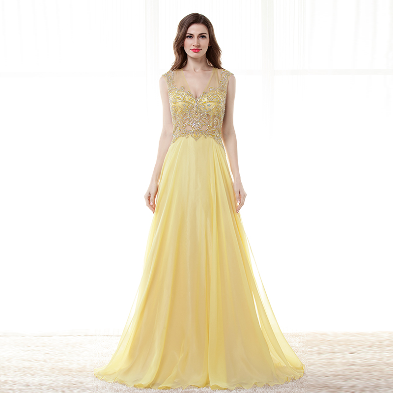 Yellow Deep V Neck Prom Dresses Beaded Chiffon Evening Dress Formal ...